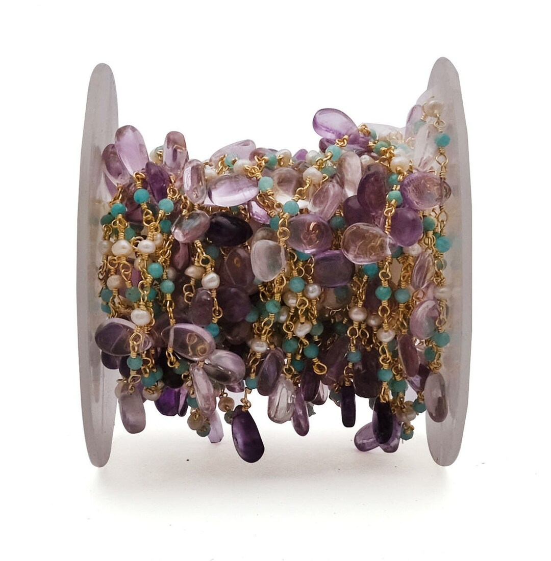 Purple Amethyst, Amazonite, Pearl Gemstone Rosary Chain Gold Plated ...