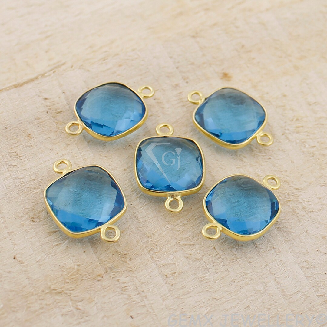 Blue Topaz Bezel Connector, 12mm Cushion Shape Double Bail Gold Plated ...