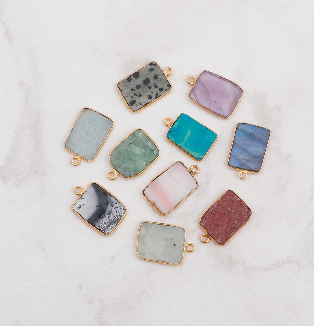 Gold Plated Rectangle Gemstone Slice Pendant, DIY Connector Charm 3978 ...