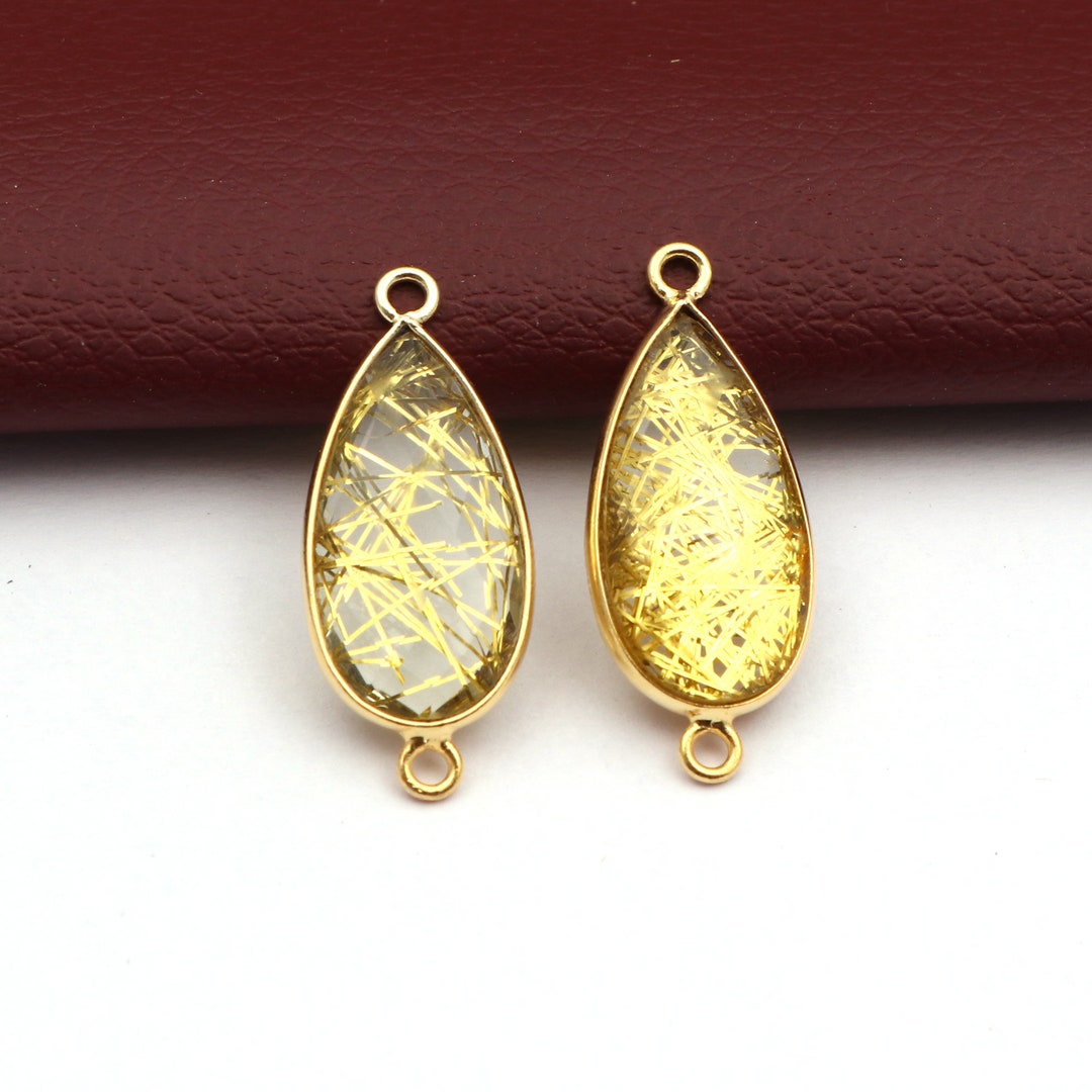 Elegant Golden Rutile Gemstone Bezel Connector DIY Making Double Bail ...