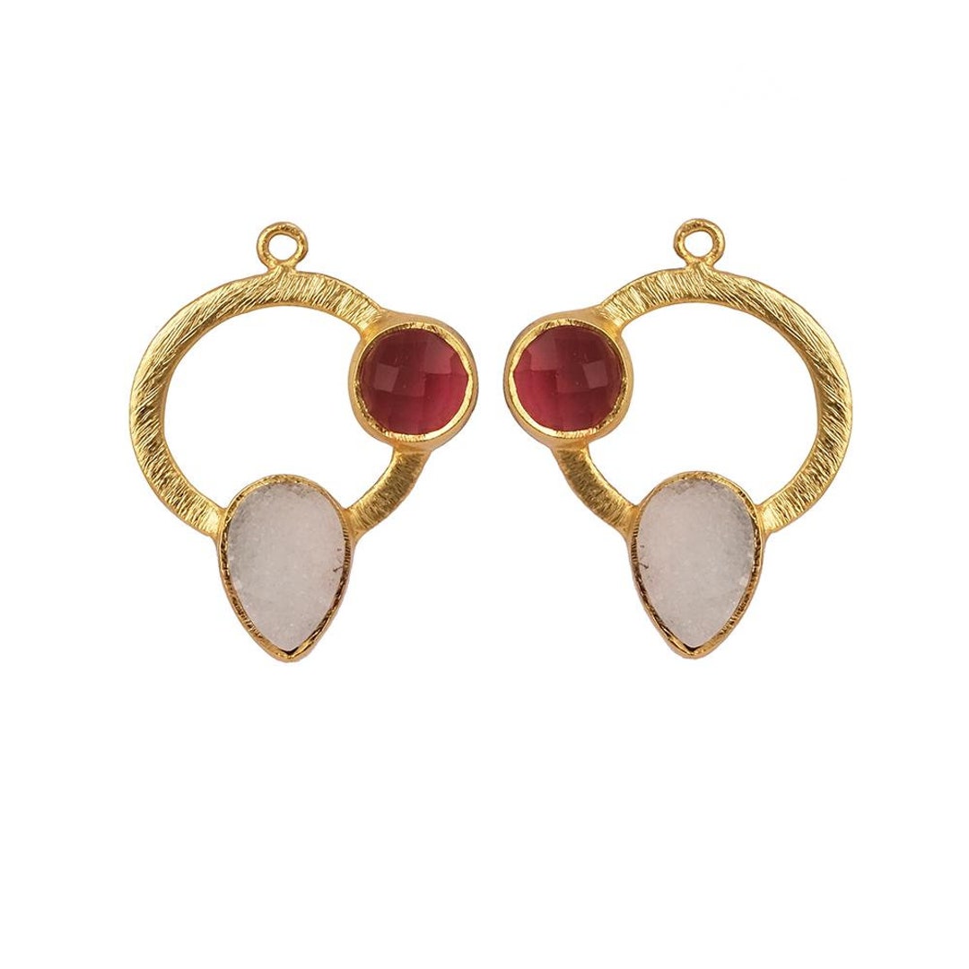 Pink Fuchsia Round Shape Connector Pair, Gold Plated Single Bail Charm ...