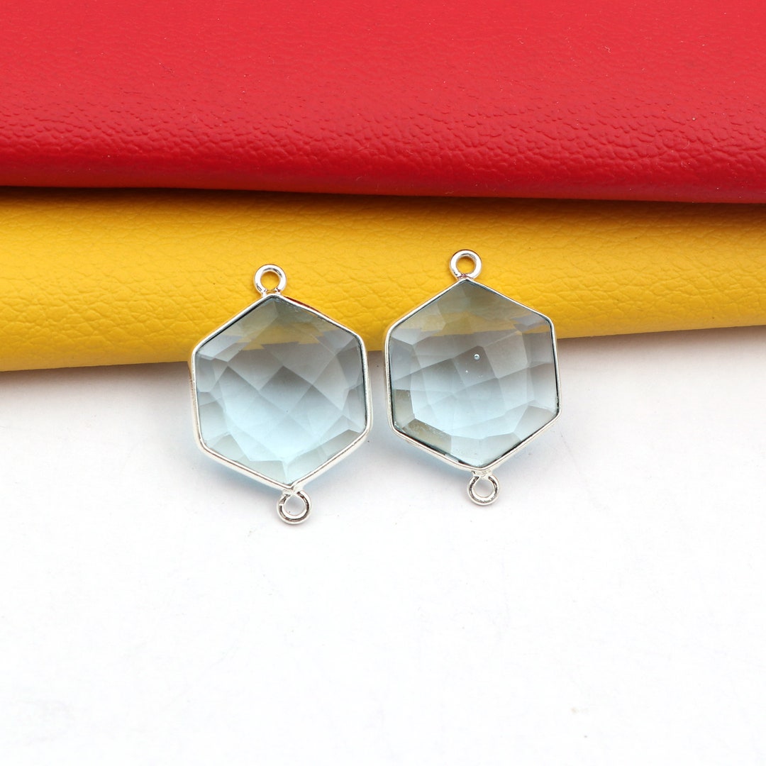 Hexagon Shape Silver Plated Bezel Connectors, Light Blue Topaz Bezel ...