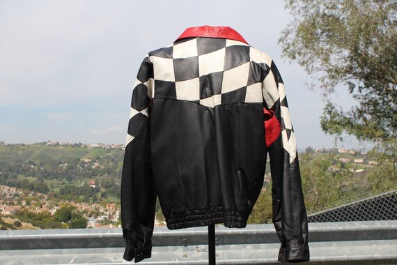 RARE Checkered Flag Black Leather Motorcycle Jacket w… - Gem