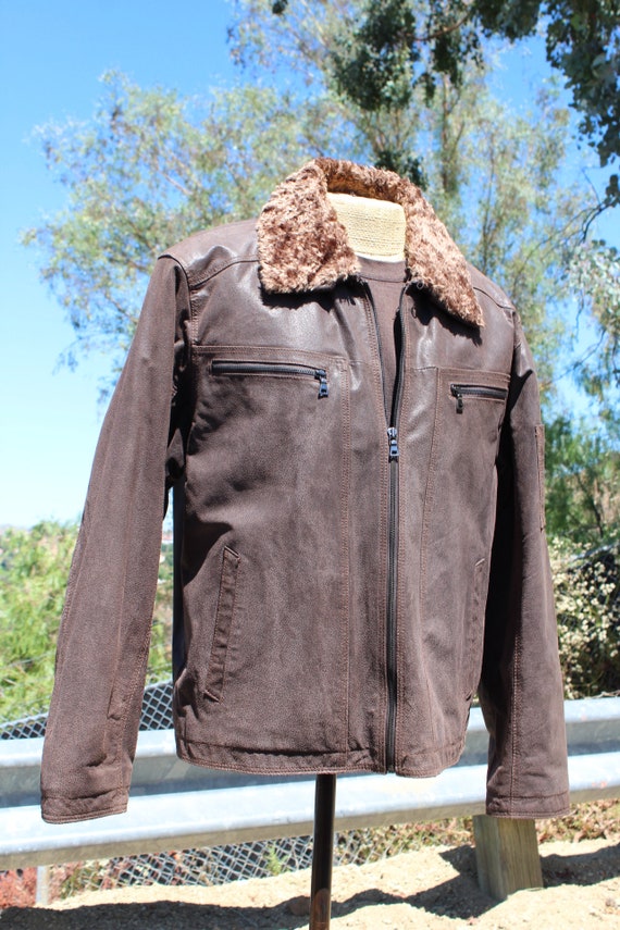 Brown Leather Bomber Insulated Jacket w Faux Fur Coll… - Gem