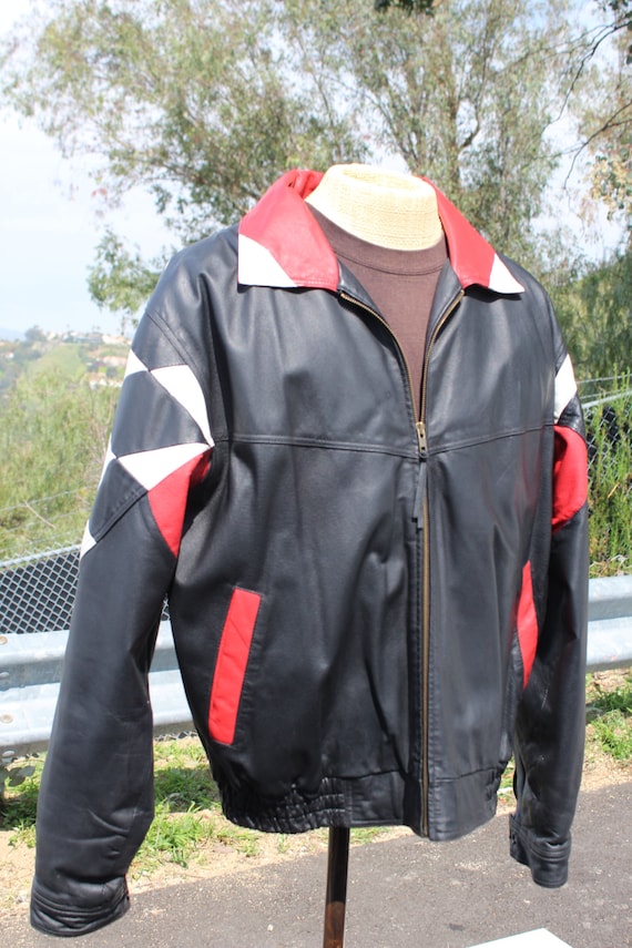 RARE Checkered Flag Black Leather Motorcycle Jacket w… - Gem