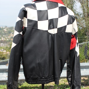 RARE Checkered Flag Black Leather Motorcycle Jacket W Red Accents XL ...