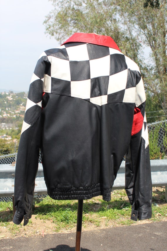 RARE Checkered Flag Black Leather Motorcycle Jacket w… - Gem