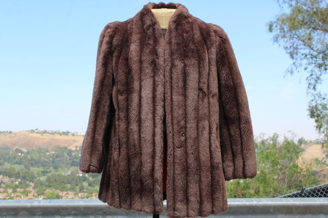 70s Chocolate Brown Faux Fur Mink-style Jacket 10 USA vintage / 70s ...