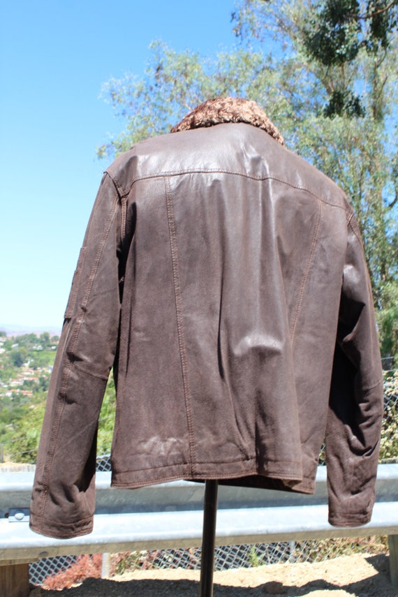 Brown Leather Bomber Insulated Jacket w Faux Fur Coll… - Gem