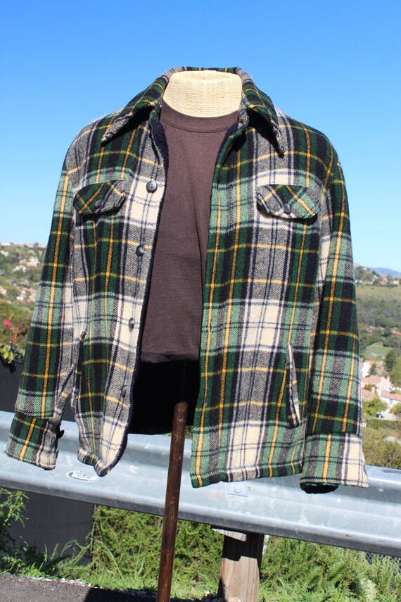 Vintage 60s Sears Work Shirt Green White Plaid 44 (Vi… - Gem