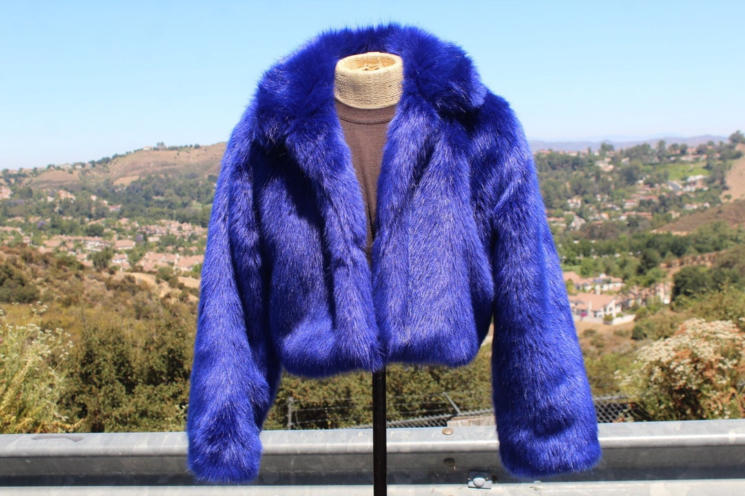 Electric Blue Cropped Faux Fur Coat Medium (vintage / 80s) - Etsy