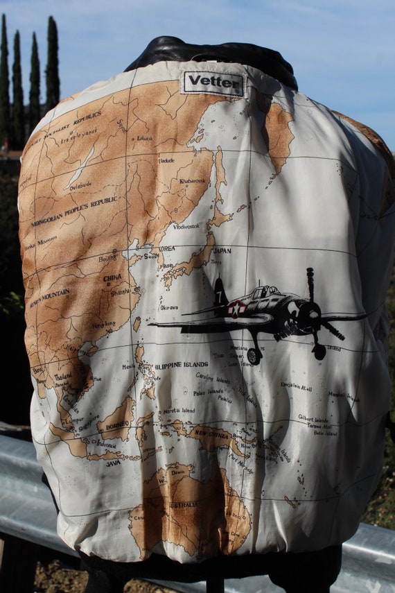 Vintage Black Leather Bomber Jacket w Map Lining Larg… - Gem
