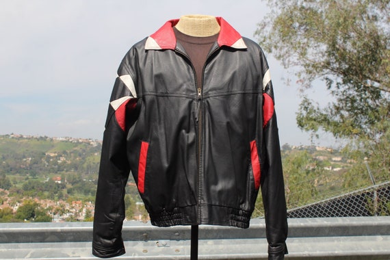 RARE Checkered Flag Black Leather Motorcycle Jacket w… - Gem