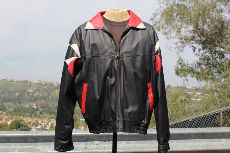 RARE Checkered Flag Black Leather Motorcycle Jacket W Red Accents XL ...