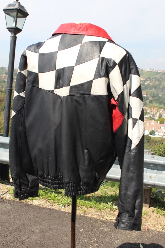 RARE Checkered Flag Black Leather Motorcycle Jacket w… - Gem