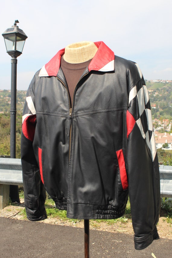 RARE Checkered Flag Black Leather Motorcycle Jacket w… - Gem