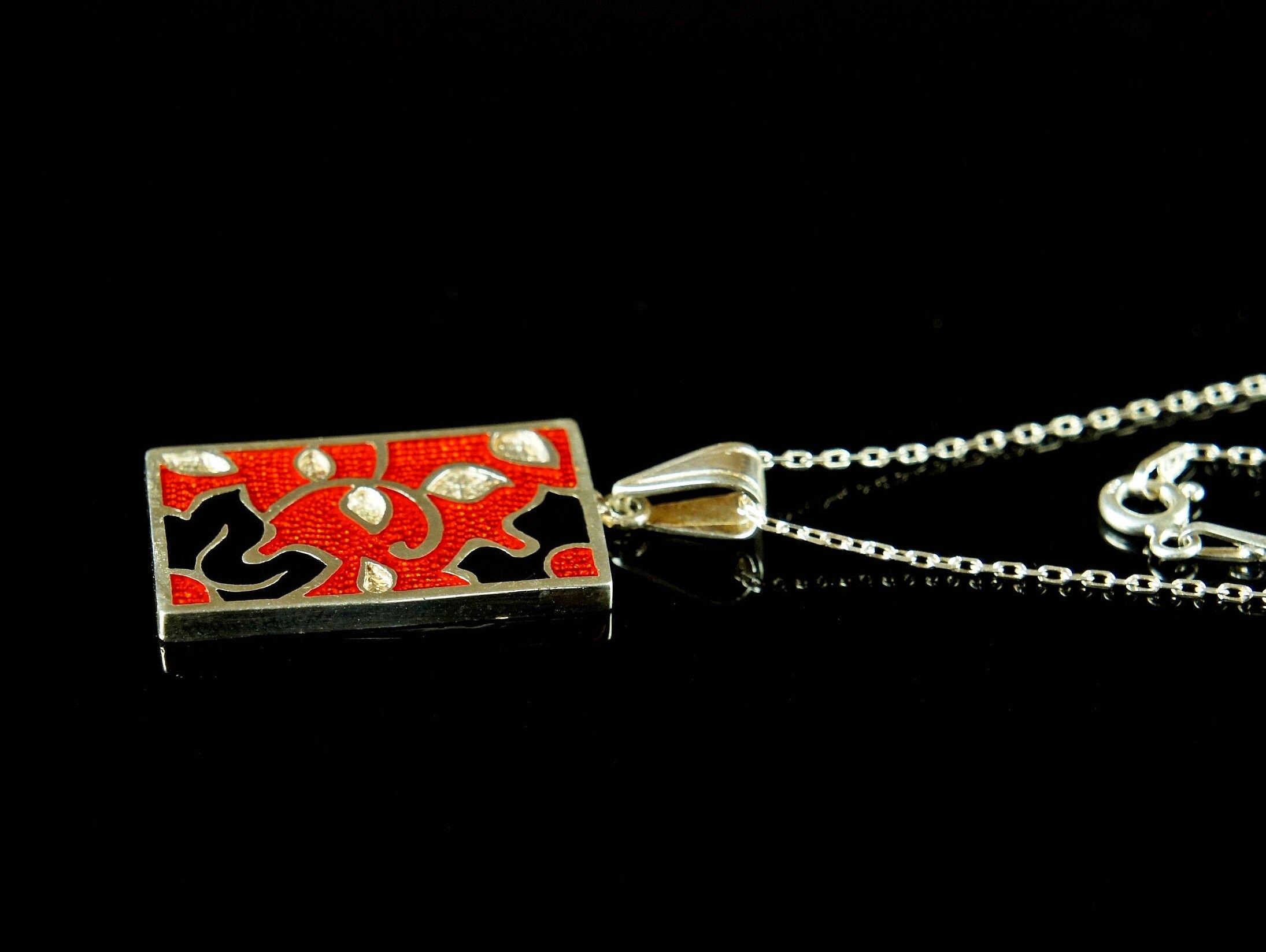 Enamel on Silver Sterling Silver Necklace Silver Necklace Black Floral ...