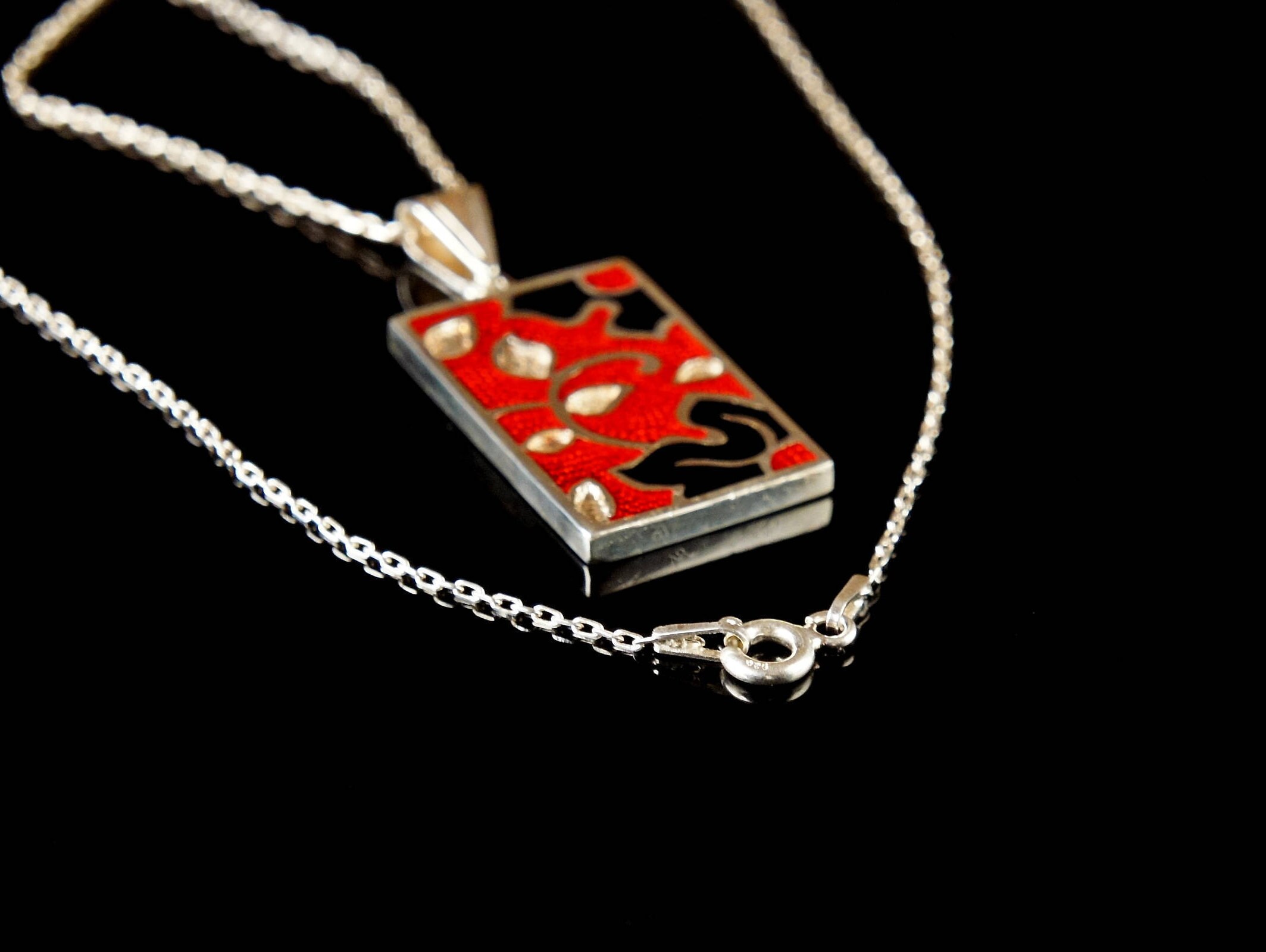 Enamel on Silver Sterling Silver Necklace Silver Necklace Black Floral ...