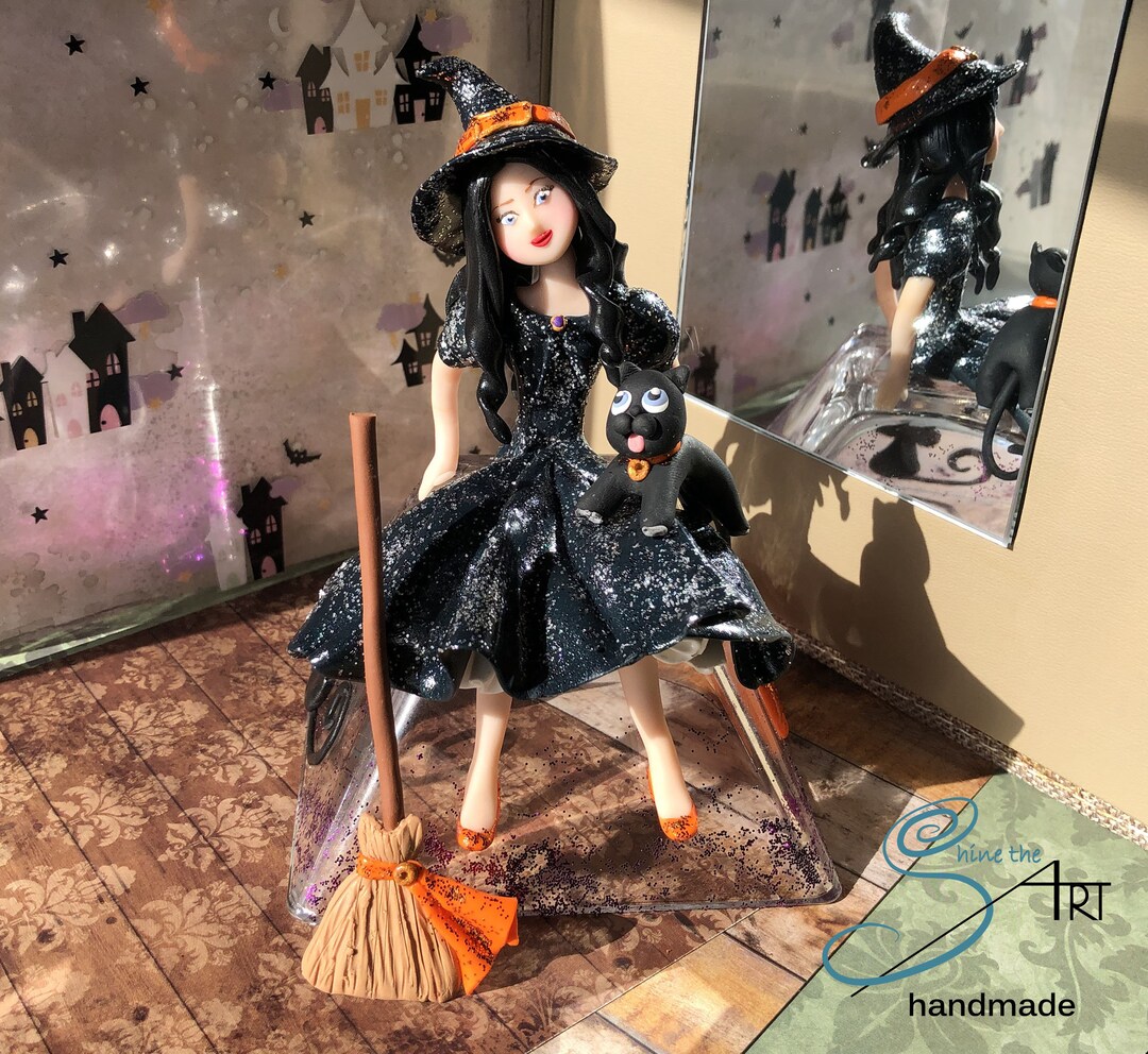 HALLOWEEN Little WITCH Doll Handmade in Modelingclay Seated on - Etsy