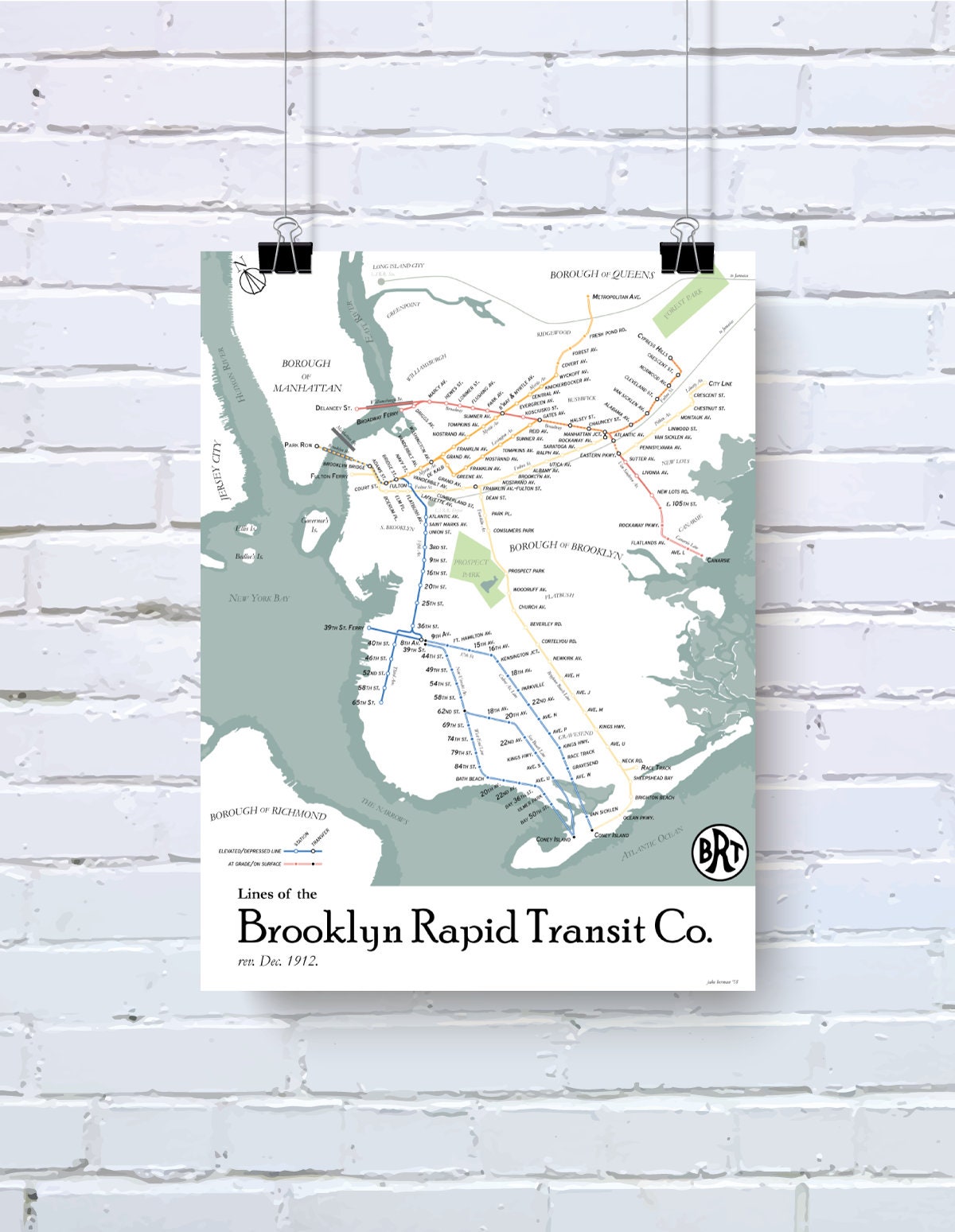 Brooklyn, NY Subway and Train Map, 1912 - Retro, Vintage-style Map ...