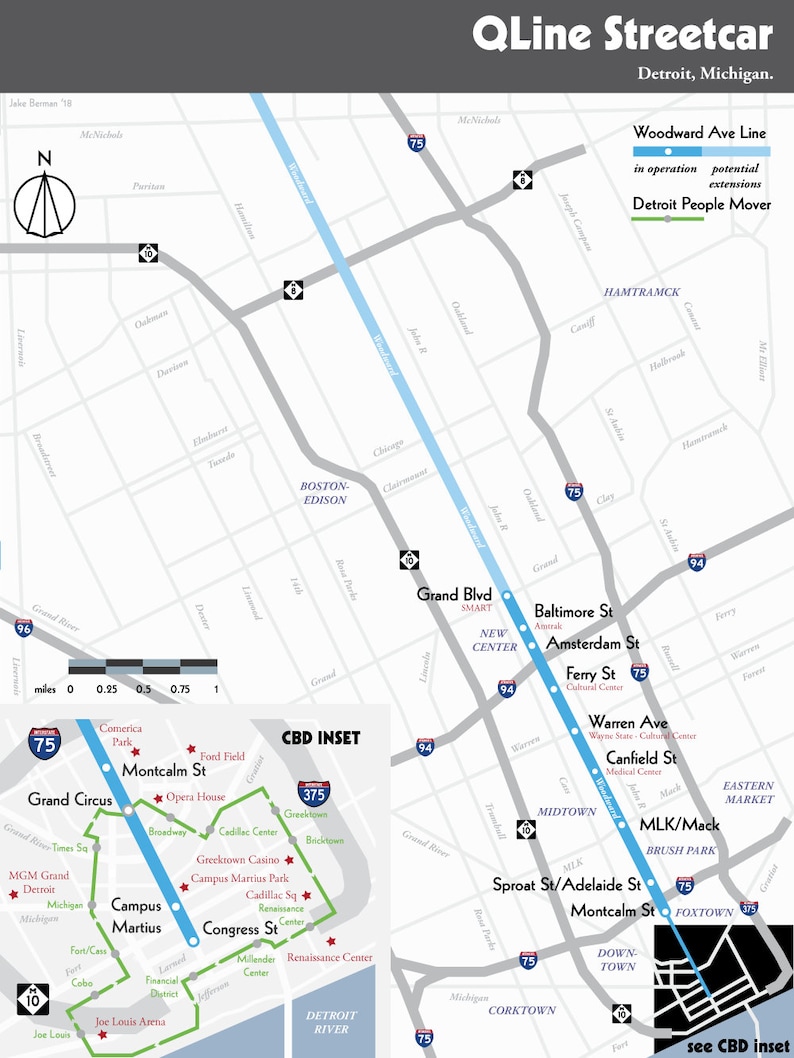 Original Detroit Light Rail Map Poster Print - Etsy