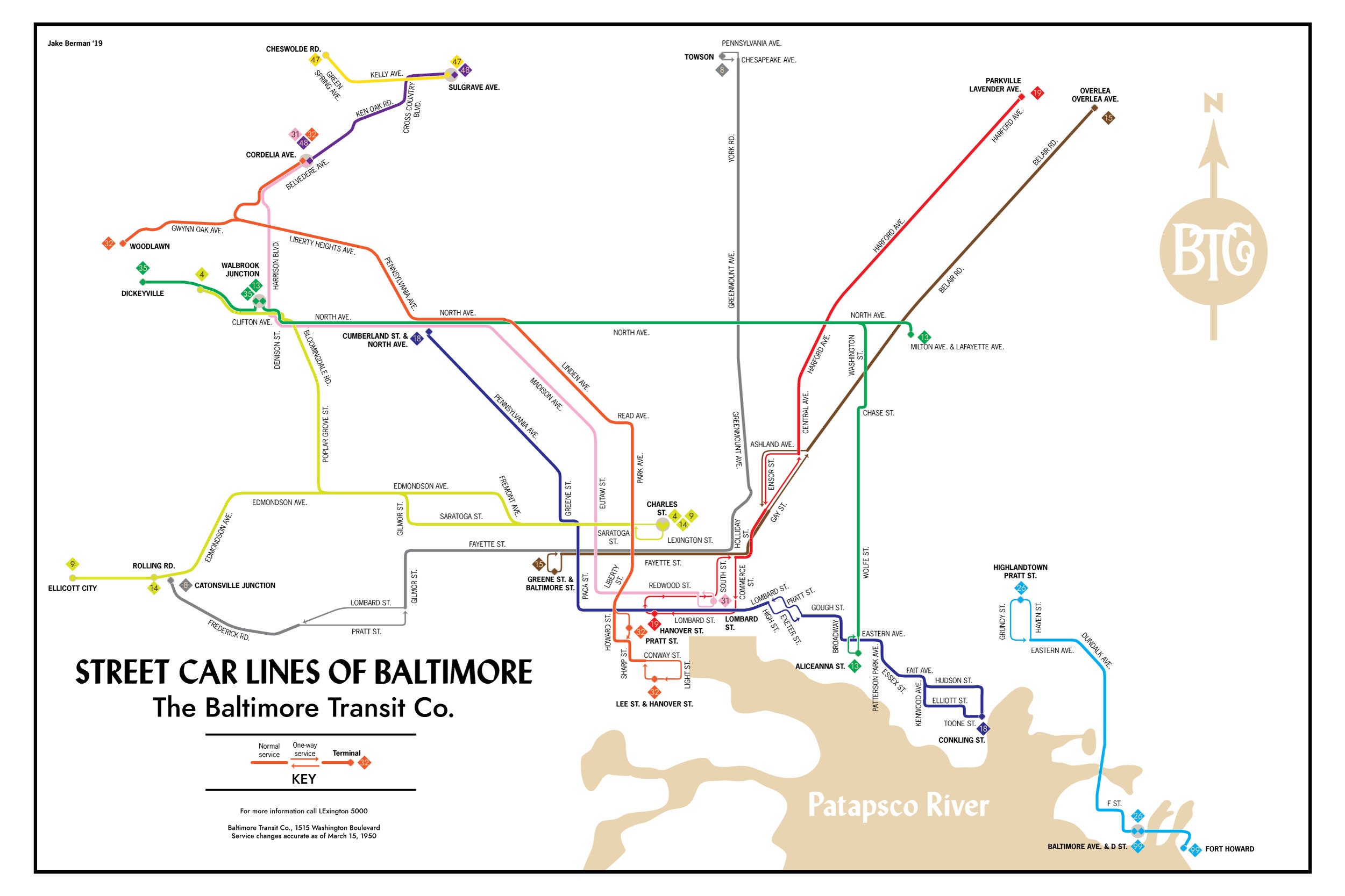 Baltimore Transit Co. Streetcar System Map Print, 1950 - Original Art ...
