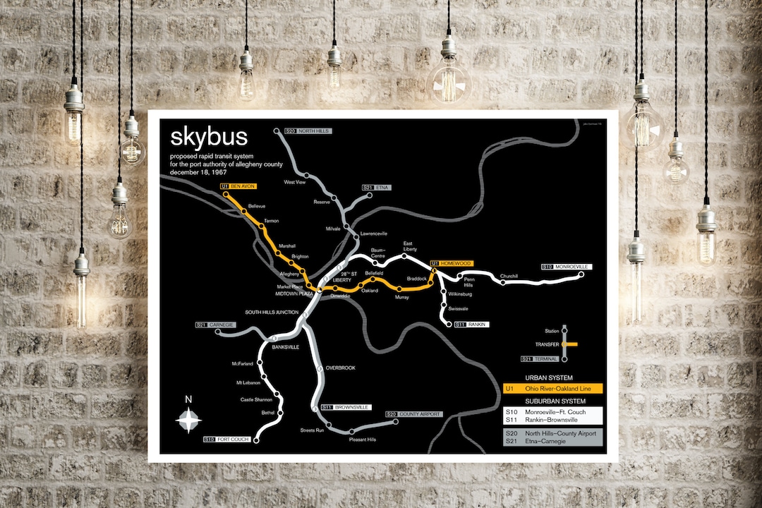 Map of Pittsburgh's Proposed Skybus Rapid Transit Plan, 1967 - Original ...
