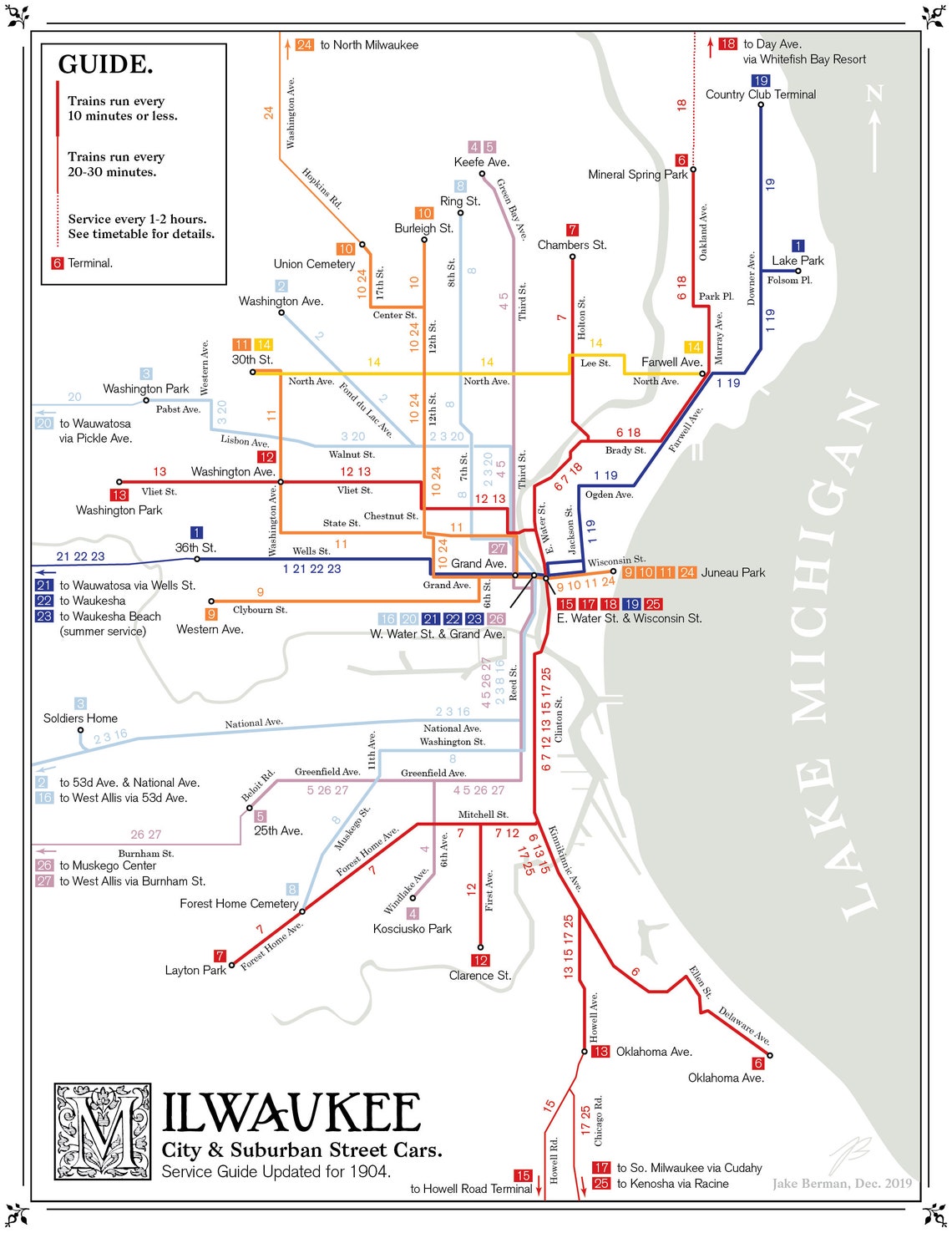 Milwaukee Streetcar System Map Print, 1904, Original Art Poster - Etsy