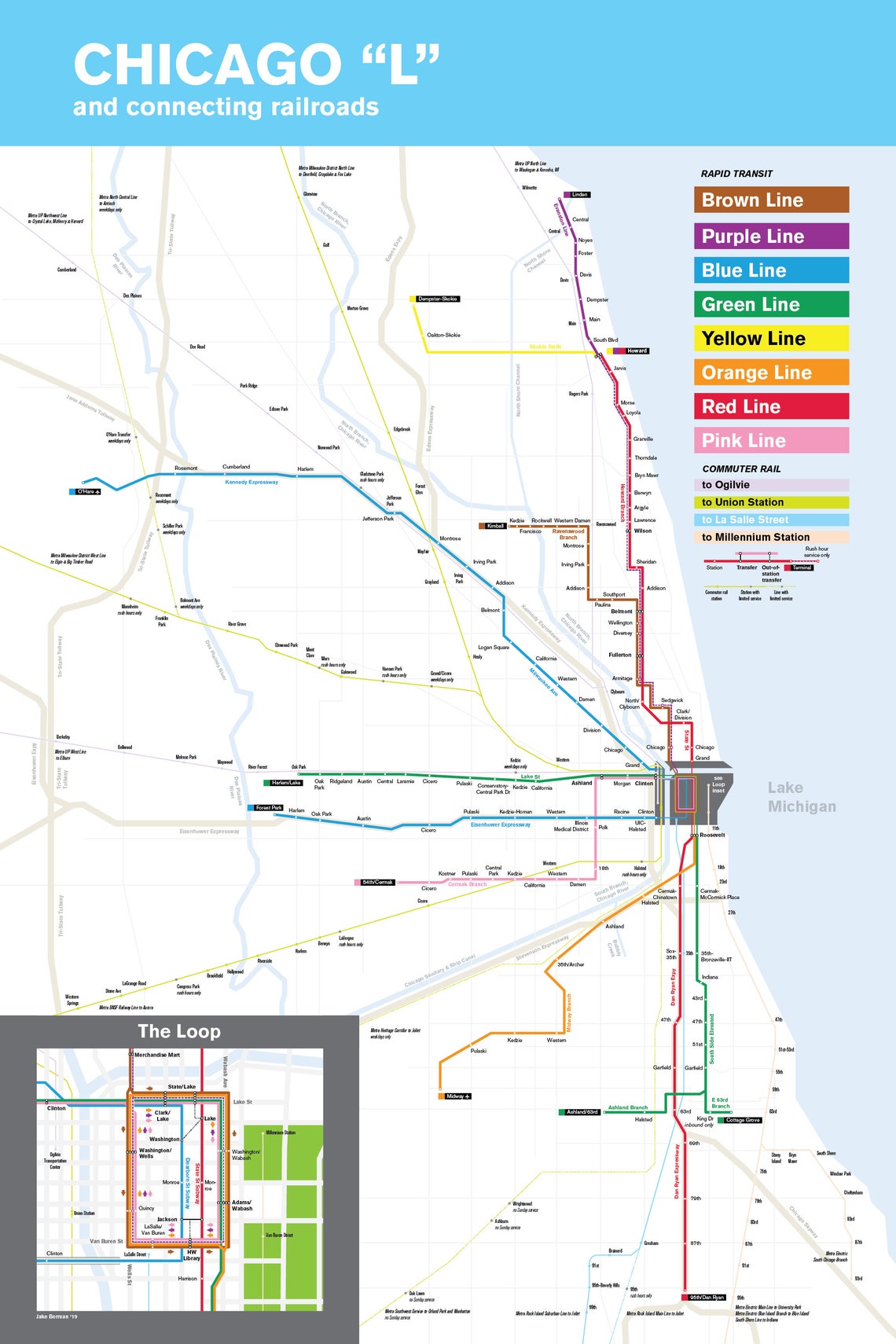 Chicago L Map Print, Original Poster Art of Chicago Elevated and Subway ...