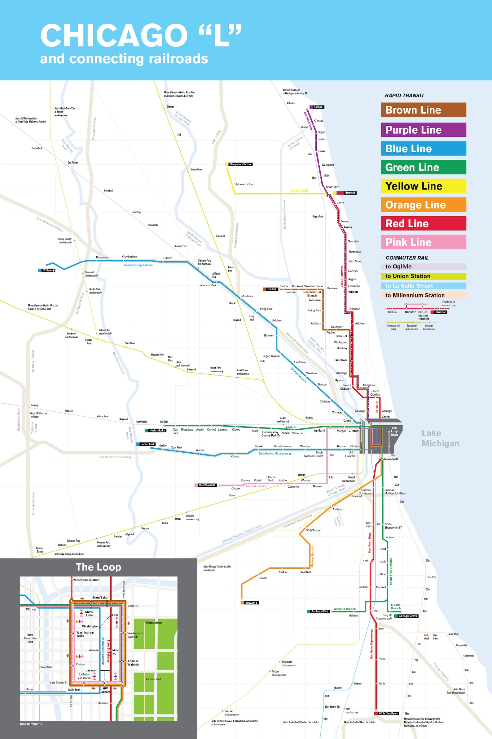 Chicago L Map Print, - Original Poster Art of Chicago Elevated and ...