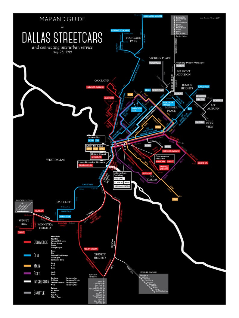Dallas-Fort Worth Texas light rail map print 1925 original | Etsy