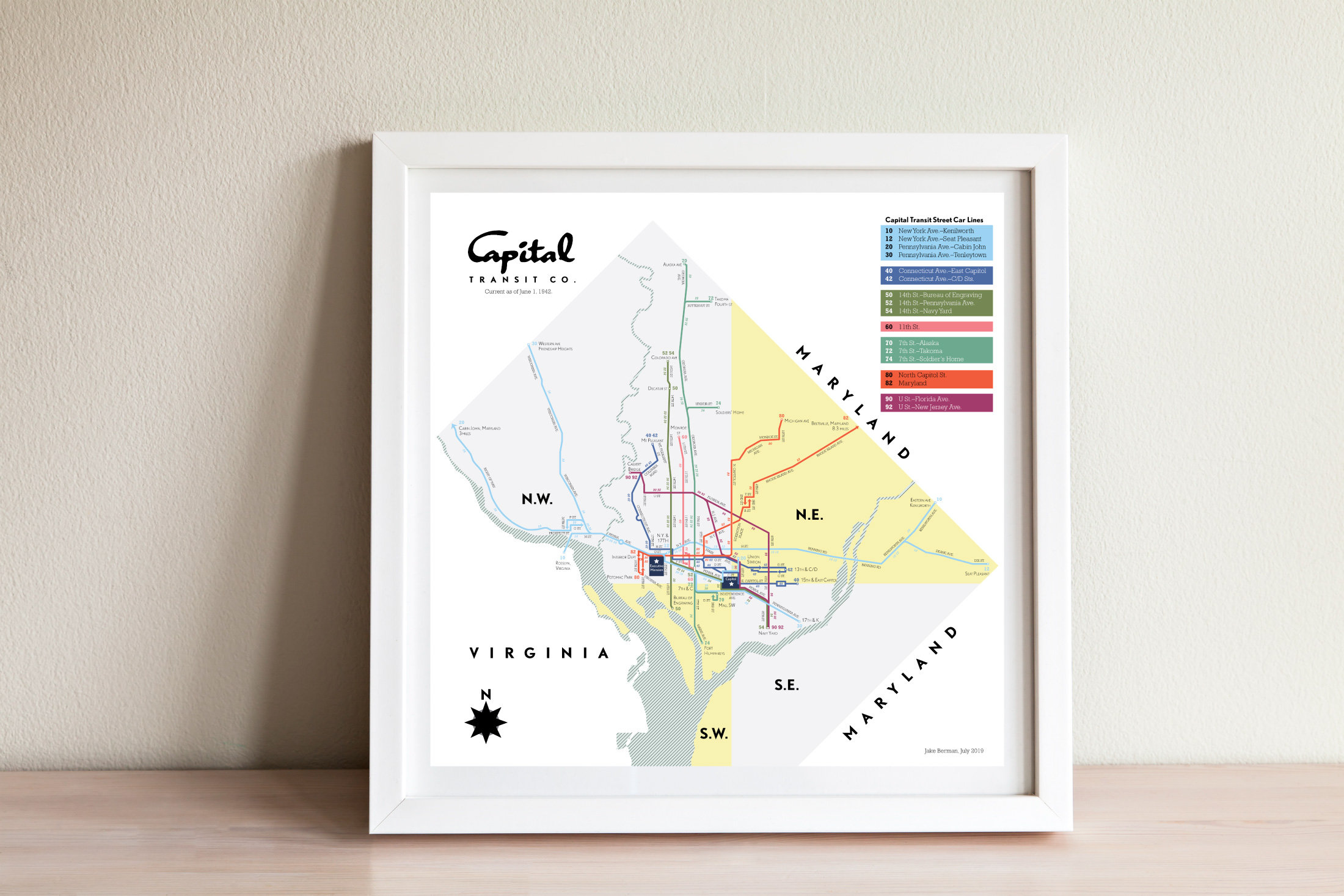 Washington DC Streetcar System Map, 1942 - Original Art Poster Print ...