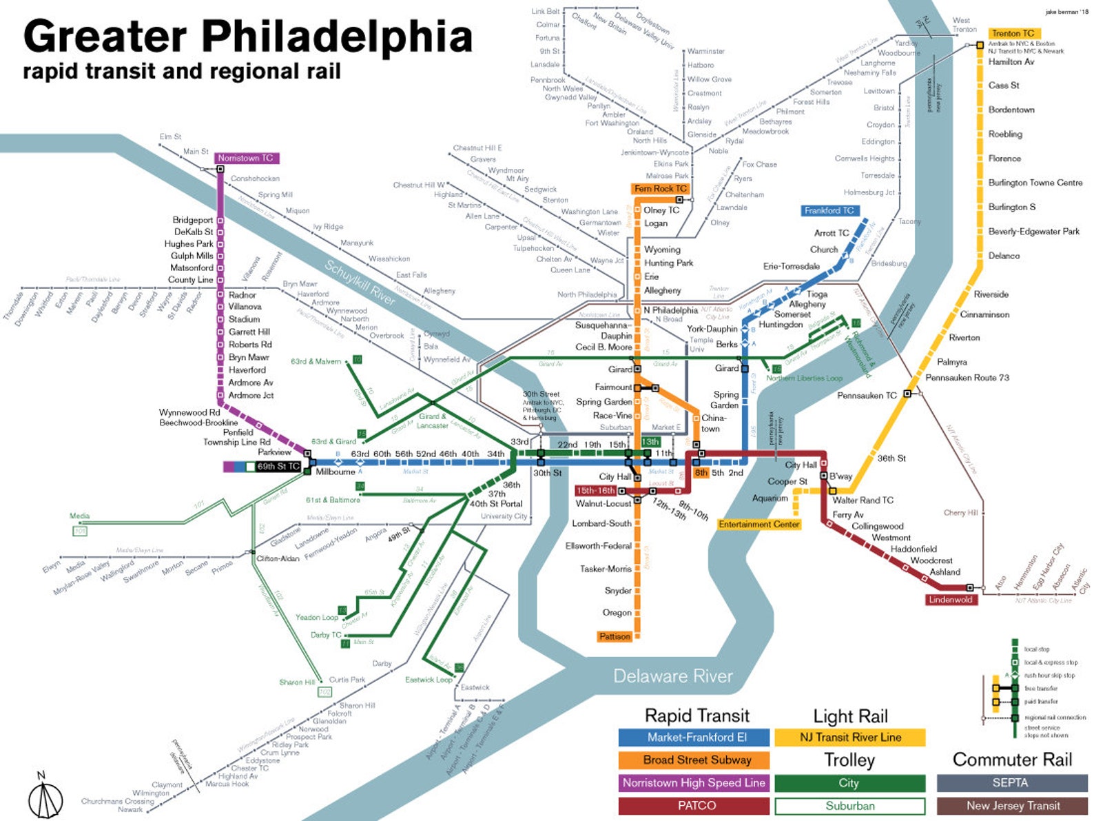 Philadelphia Rapid Transit Map (1970s Style) - Includes SEPTA, Philly ...