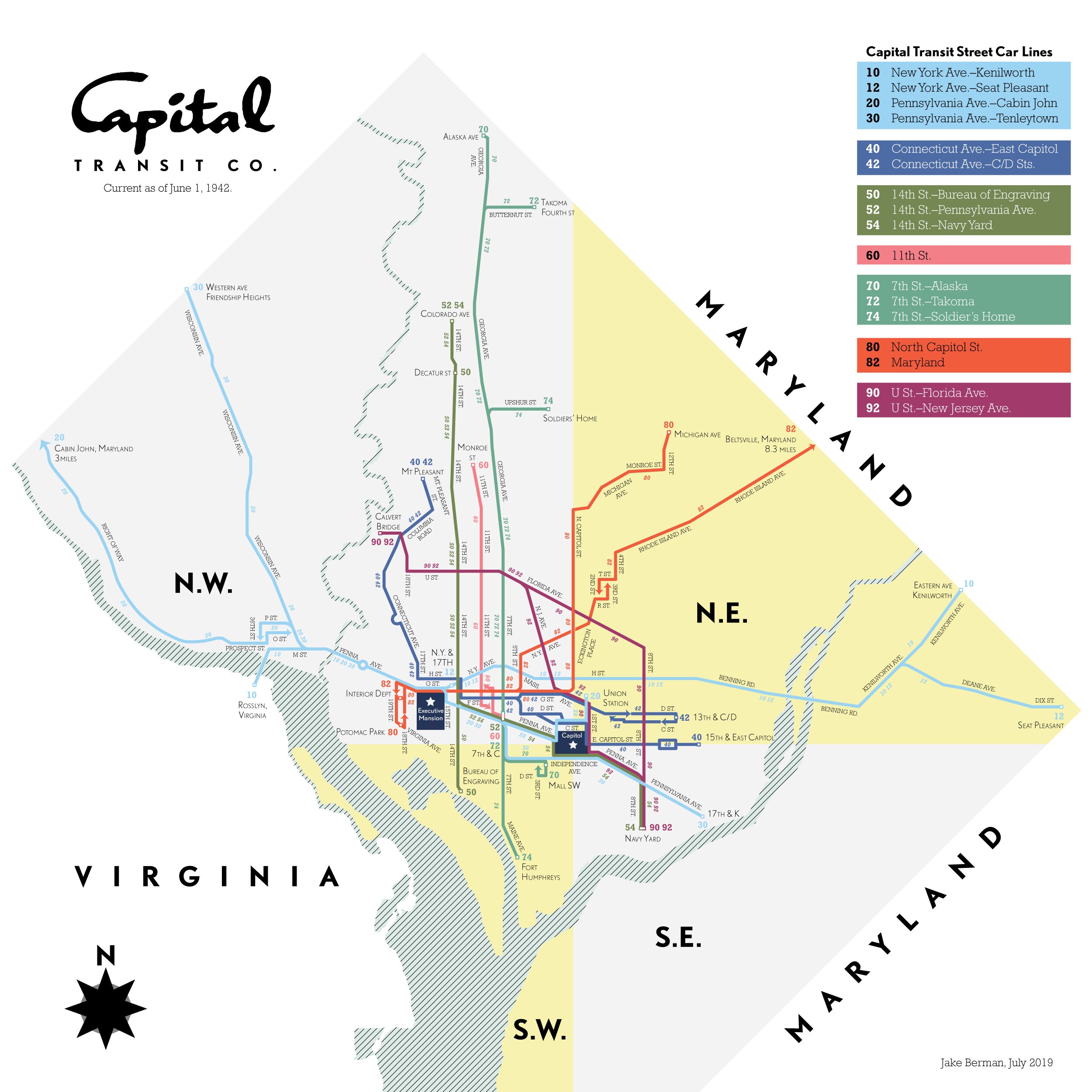 Washington DC Streetcar System Map, 1942 - Original Art Poster Print ...