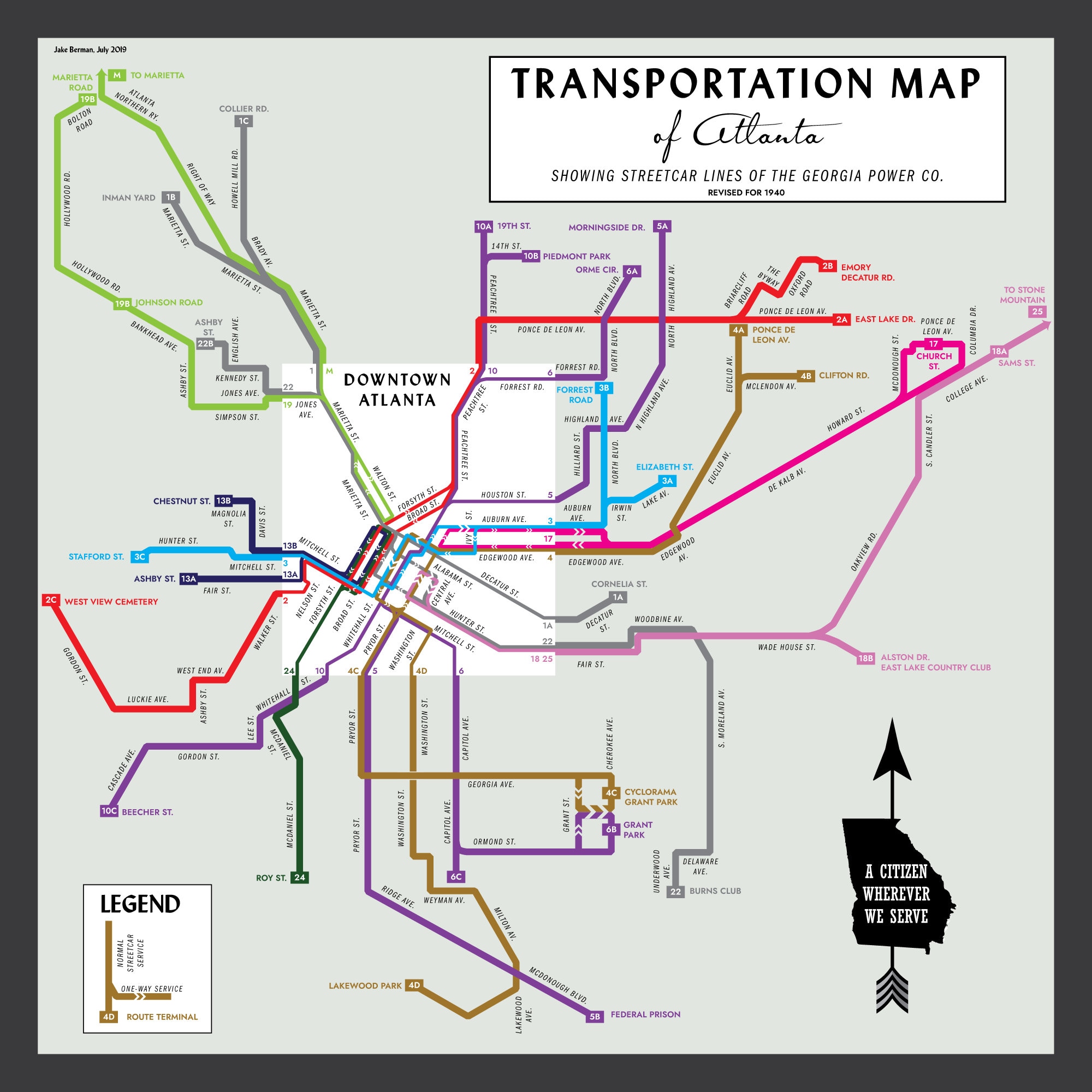 Atlanta Streetcar System Map Print, 1940 - Original Art Poster - Etsy