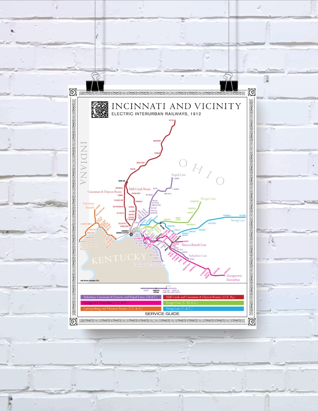 Cincinnati, OH Light Rail System Map, 1912 - Original Retro Art Poster ...