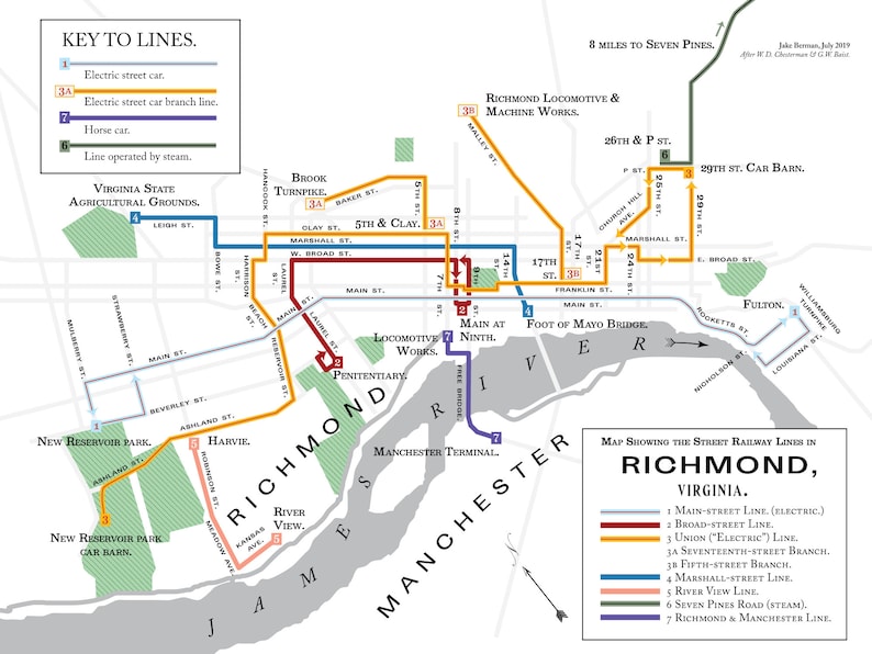 Richmond, Virginia Streetcar System Map Poster, 1891- Original Art ...