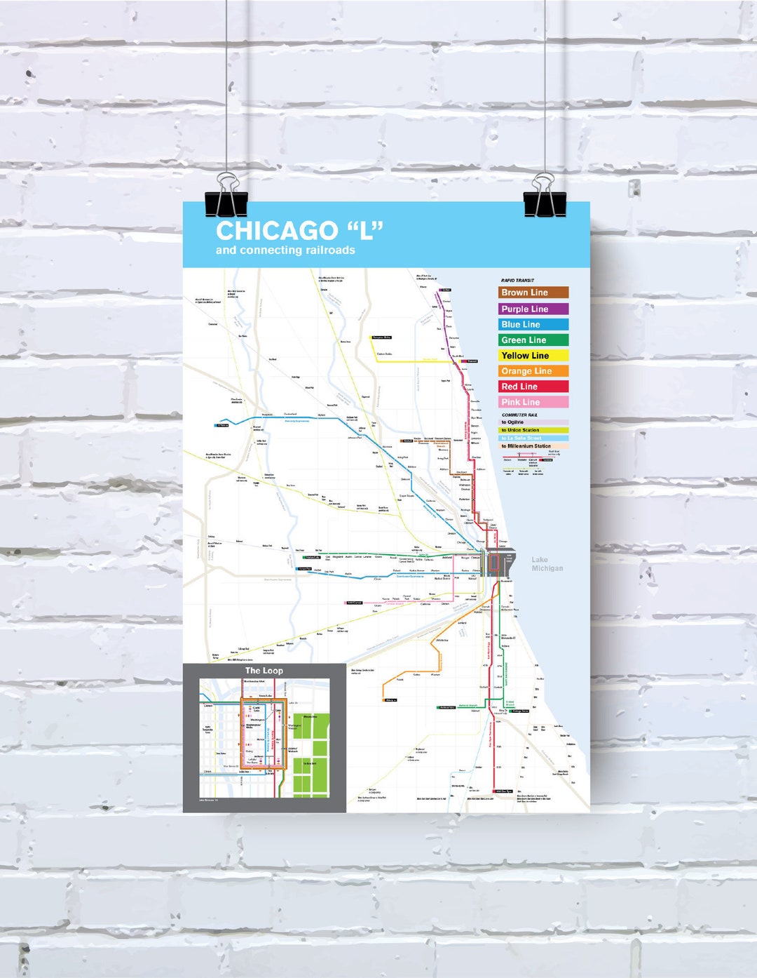 Chicago L Map Print, - Original Poster Art of Chicago Elevated and ...