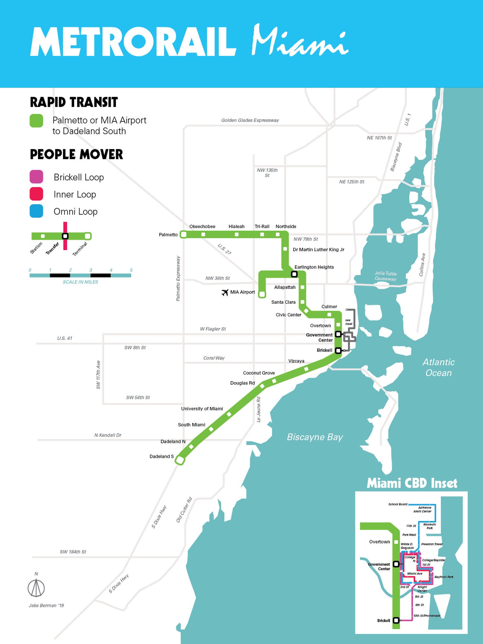 Miami Metrorail and Metromover System Map - Retro Poster - Original Art ...