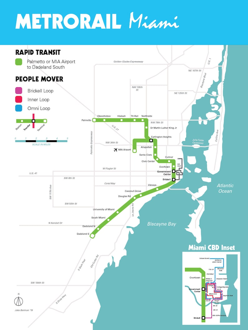 Miami Metrorail and Metromover System Map Retro Poster Original Art ...