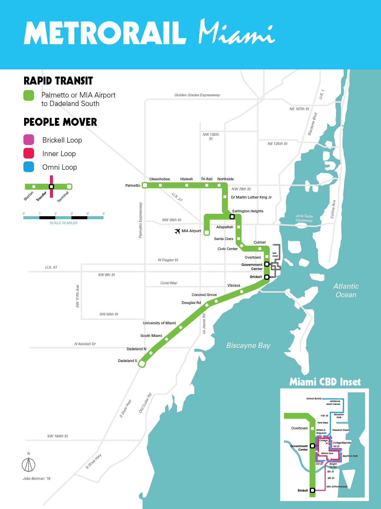 Miami Metrorail and Metromover System Map - Retro Poster - Original Art ...