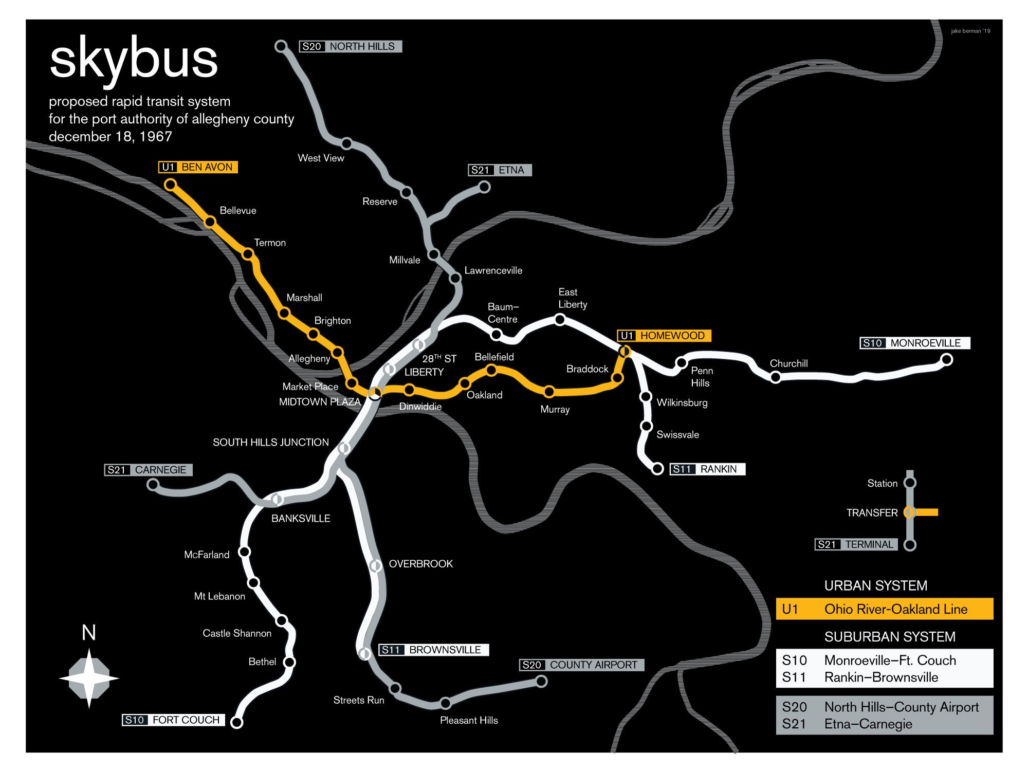 Map of Pittsburgh's Proposed Skybus Rapid Transit Plan, 1967 Original ...