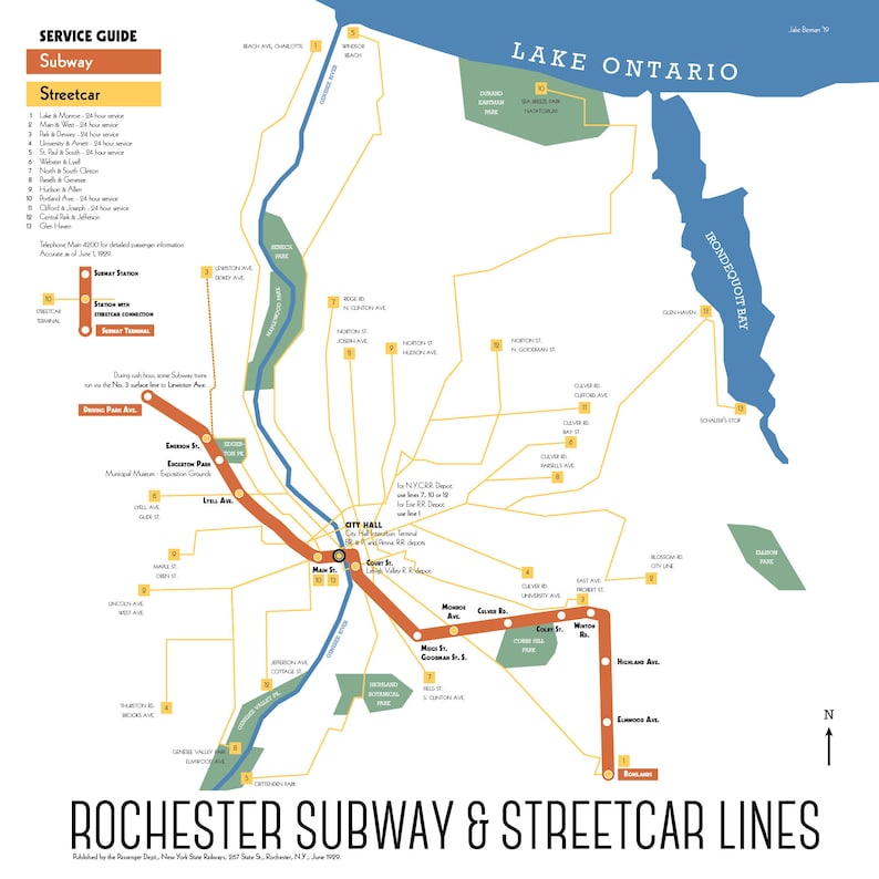 Rochester, NY Subway and Streetcar Map Print, 1929 - Original Retro Art ...