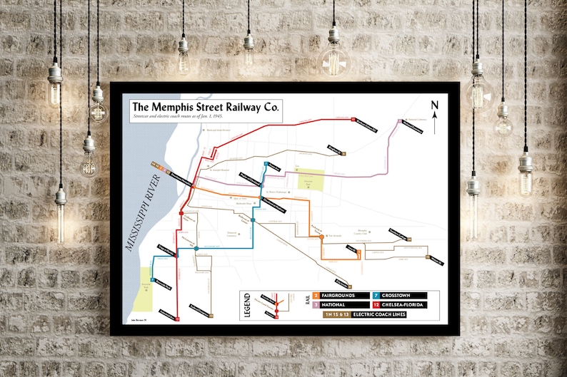 Memphis Street Railway Streetcar/trolley System Map 1945 - Original ...