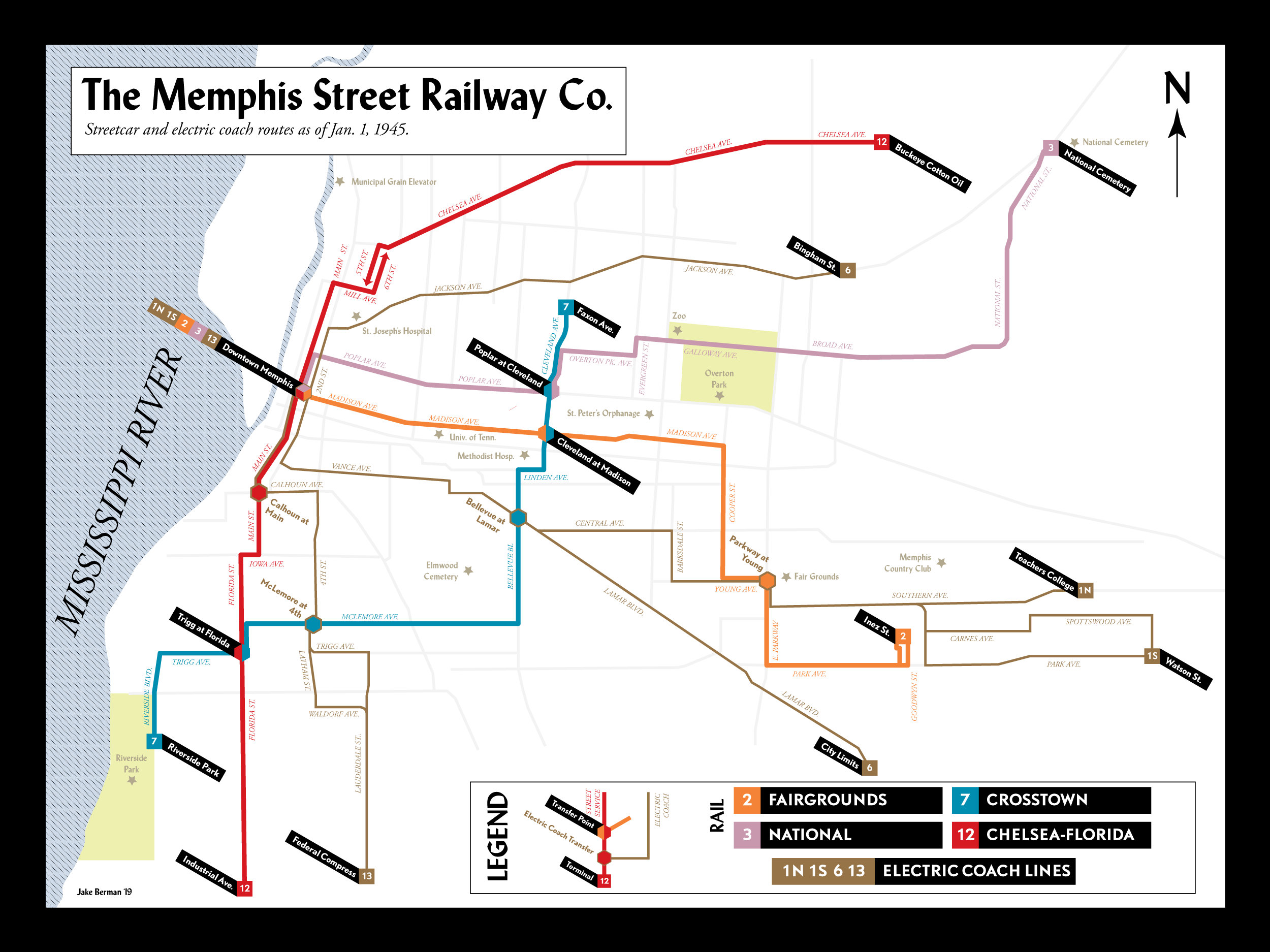 Memphis Street Railway Streetcar/trolley System Map 1945 - Original ...