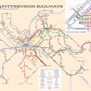 Pittsburgh Railways Streetcar/trolley System Map 1954 - Original Poster ...