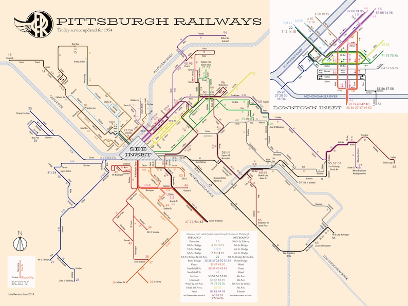 Pittsburgh Railways Streetcar/trolley System Map 1954 Original Poster ...