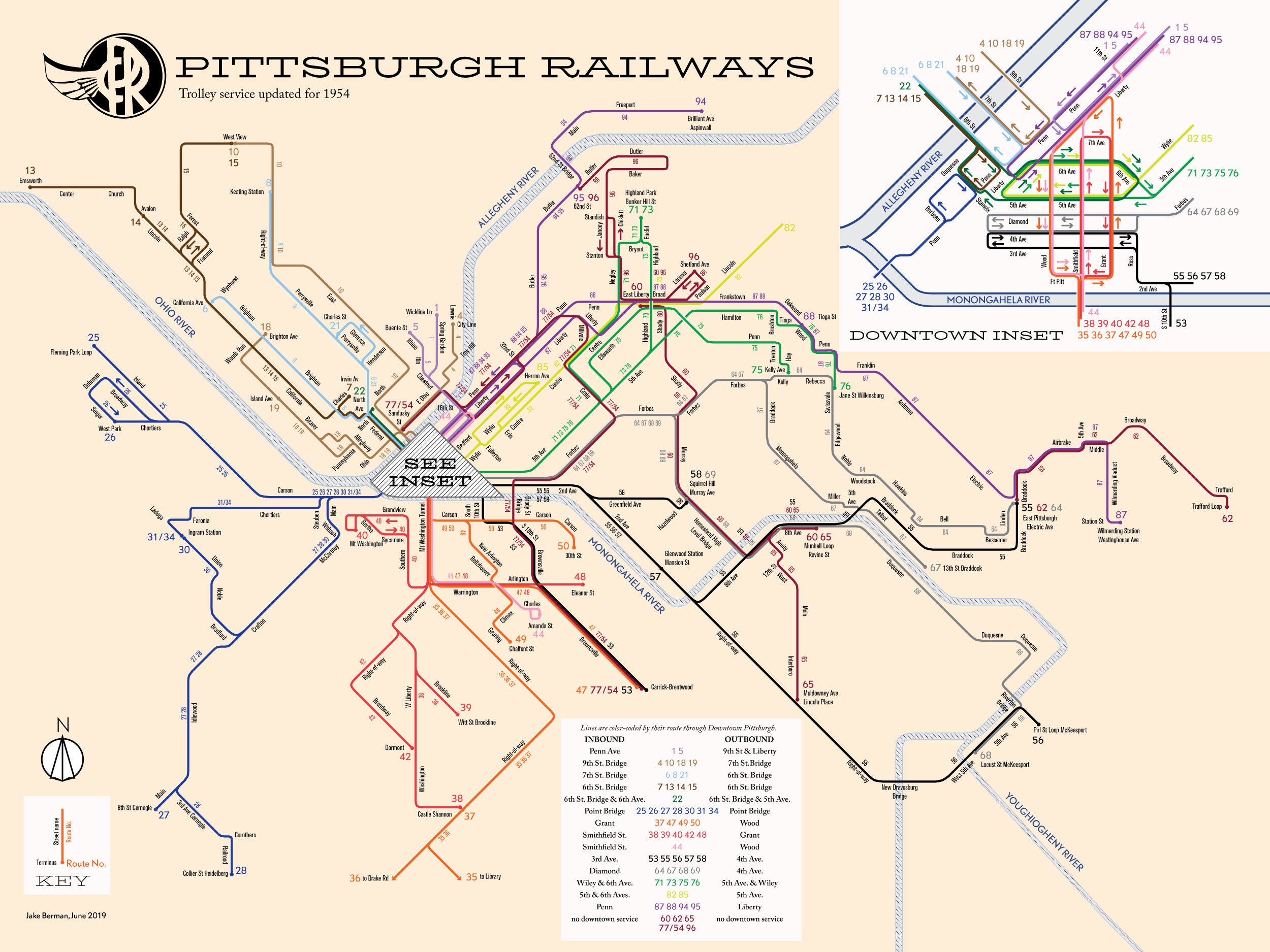 Pittsburgh Railways Streetcar/trolley System Map 1954 - Original Poster ...