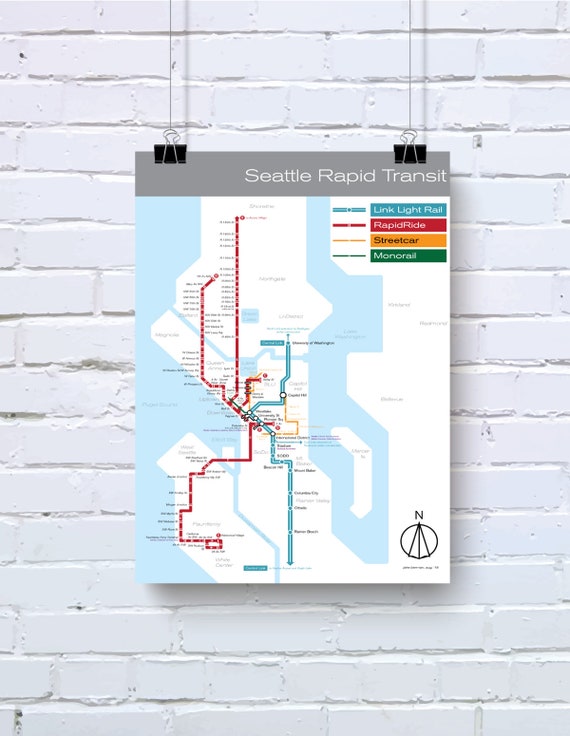 Seattle Rapid Transit Map Poster Print Original Art | Etsy
