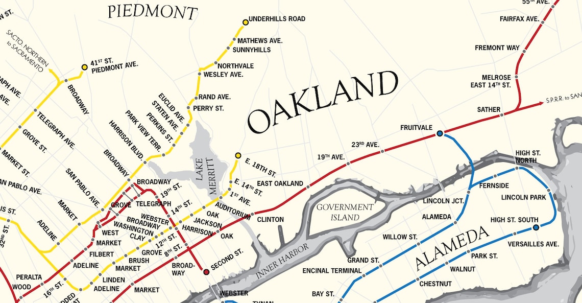 Oakland & Berkeley rapid transit map, 1927 original retro poster art of ...
